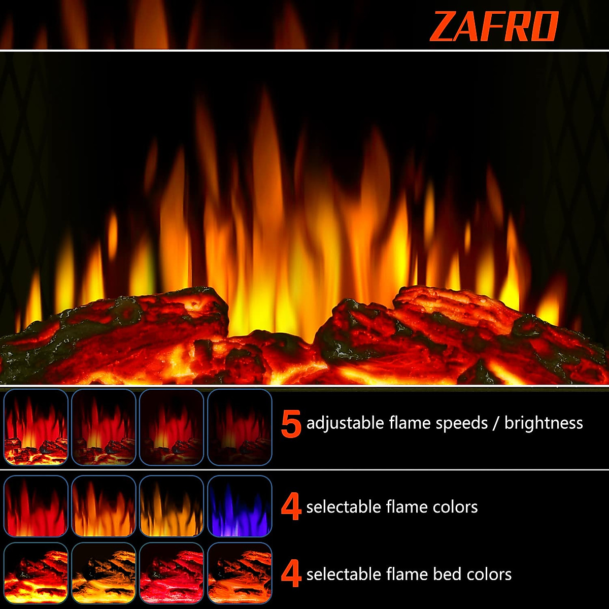 ZAFRO Electric Fireplace Stove, Electric Fireplace Heater with Adjustable Brightness, Indoor Fireplace with Realistic Flame Effects, Space Fireplace with Overheating Protection, 2 Heating Modes, Black