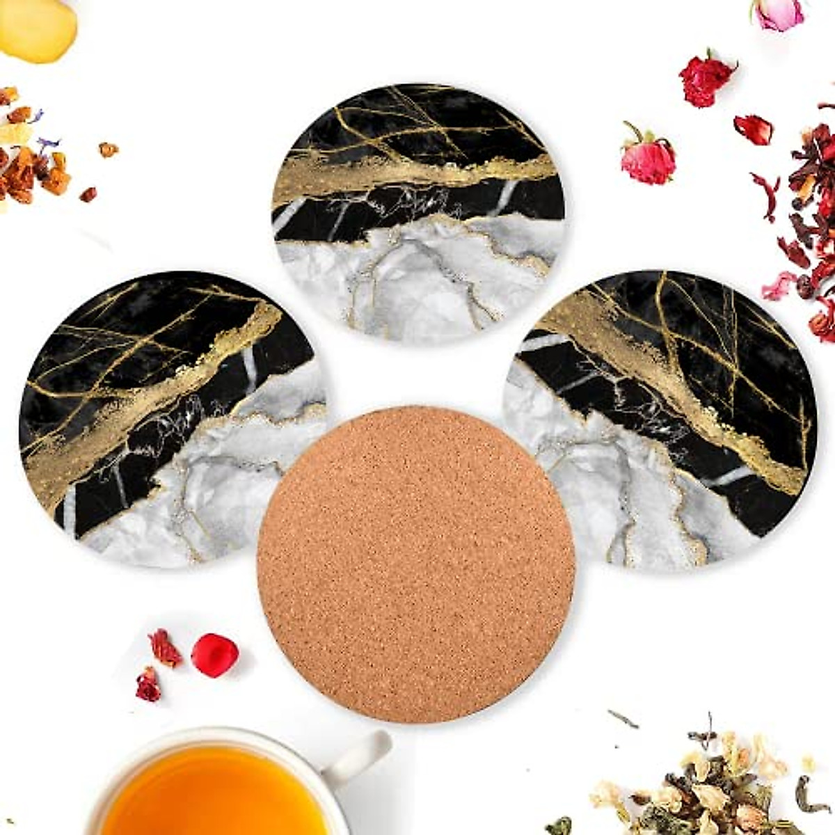 4Pcs Absorbent Drink Coasters Black Gold Grey Marble Pattern Round Coaster with Cork Backing Non-Slip for Home Office 4in