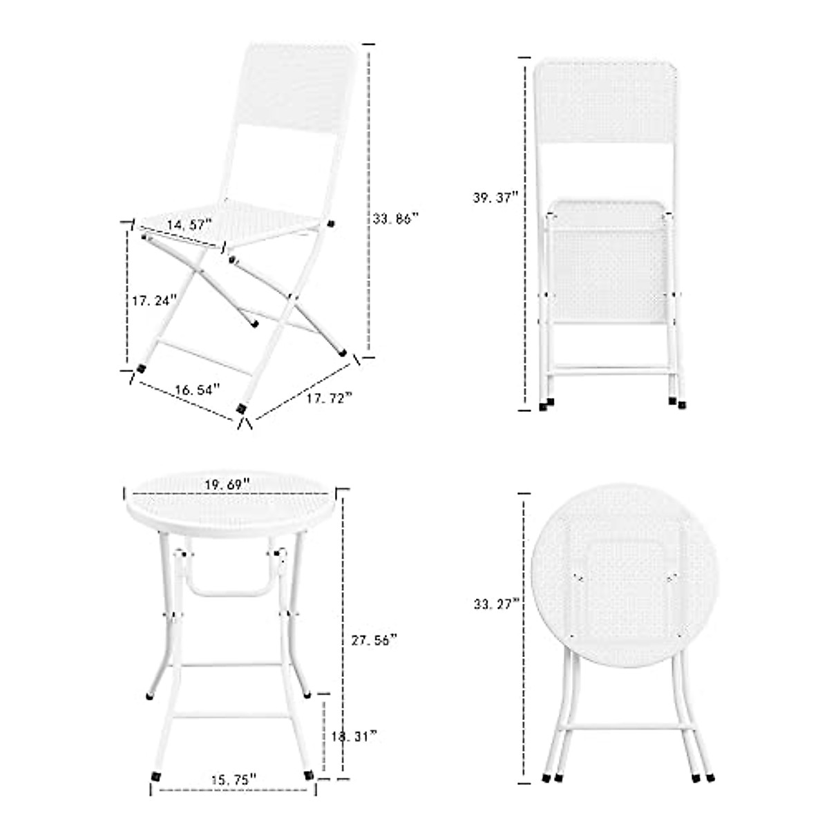 3-Piece Patio Bistro Dining Furniture Set, 2 Folding Chairs 1 Folding Table, Steel Frame, for Garden Porch Balcony (Color : White)