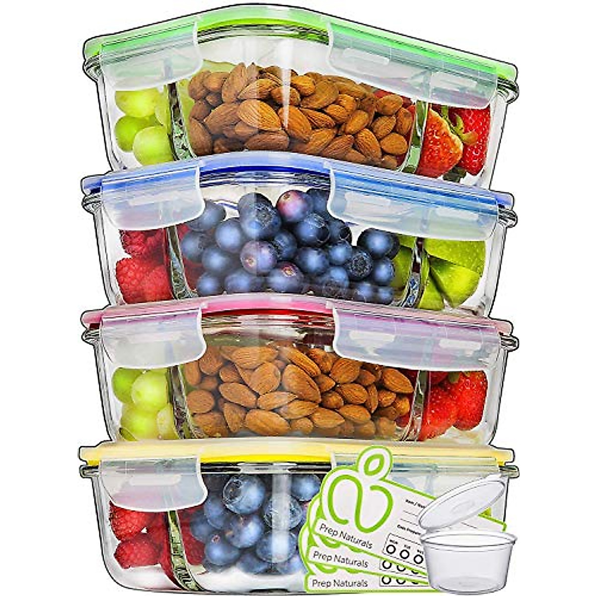 PrepNaturals glass food storage containers, meal prep container, bento box for lunch, dishwasher & microwave safe (multi-compartment)