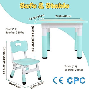 FUNLIO Kids Table and 4 Chairs Set, Height Adjustable Toddler Table and Chair Set for Ages 3-8, Easy to Wipe Arts & Crafts Table, for Classrooms/Daycares/Homes, CPC & CE Approved (5-Piece Set) - Green