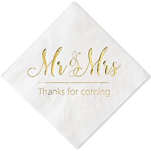 Crisky Napkins Mr and Mrs Gold Cocktail Beverage Dessert for Wedding Shower Engagement Party Decorations, Cake Table Decor Supplies. 100 Pcs, 3-Ply