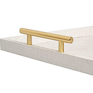 JUMBO HUMBLE Modern Elegant Large Wood Serving Tray, Set of 2 Pearl White Crocodile Leather with Gold Polished Metal Handles, Rectangle Decorative Tray Ottoman Tray Coffee Table Tray for Living Room