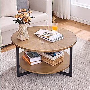 33.5" Round Coffee Table with 2-Tier Storage, Farmhouse Living Room Cocktail Table with Black Metal Leg, Solid Wood Industrial Sofa Center Table,Easy Assembly, Rustic Natural KFZ1338
