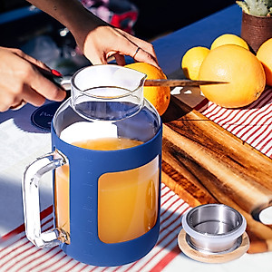 WINSA Glass Pitcher with Lid and Spout, 64oz Water Pitcher with Wide Handle, Silicone Sleeve & Bamboo Lid, Tea Pitcher for Fridge Water, Milk, Juice(Navy)