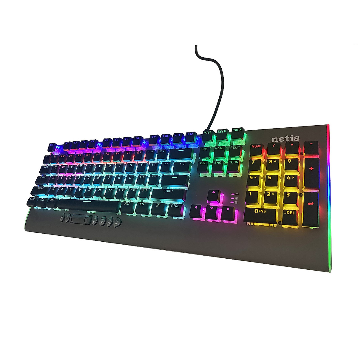 Netis K3101 Wired Mechanical Gaming Keyboard Rainbow Backlit Cherry MX Red Switches Equivalent with Multimedia Wheel for Gaming and Office PC Laptop Desktop Computers