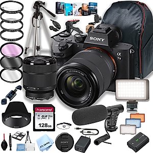 Sony a7 III Mirrorless Digital Camera with 28-70mm Lens + 128GB Memory + LED Video Light + Microphone + Back Pack + Steady Grip Pod + Tripod + Filters + Software + More (36pc Bundle)