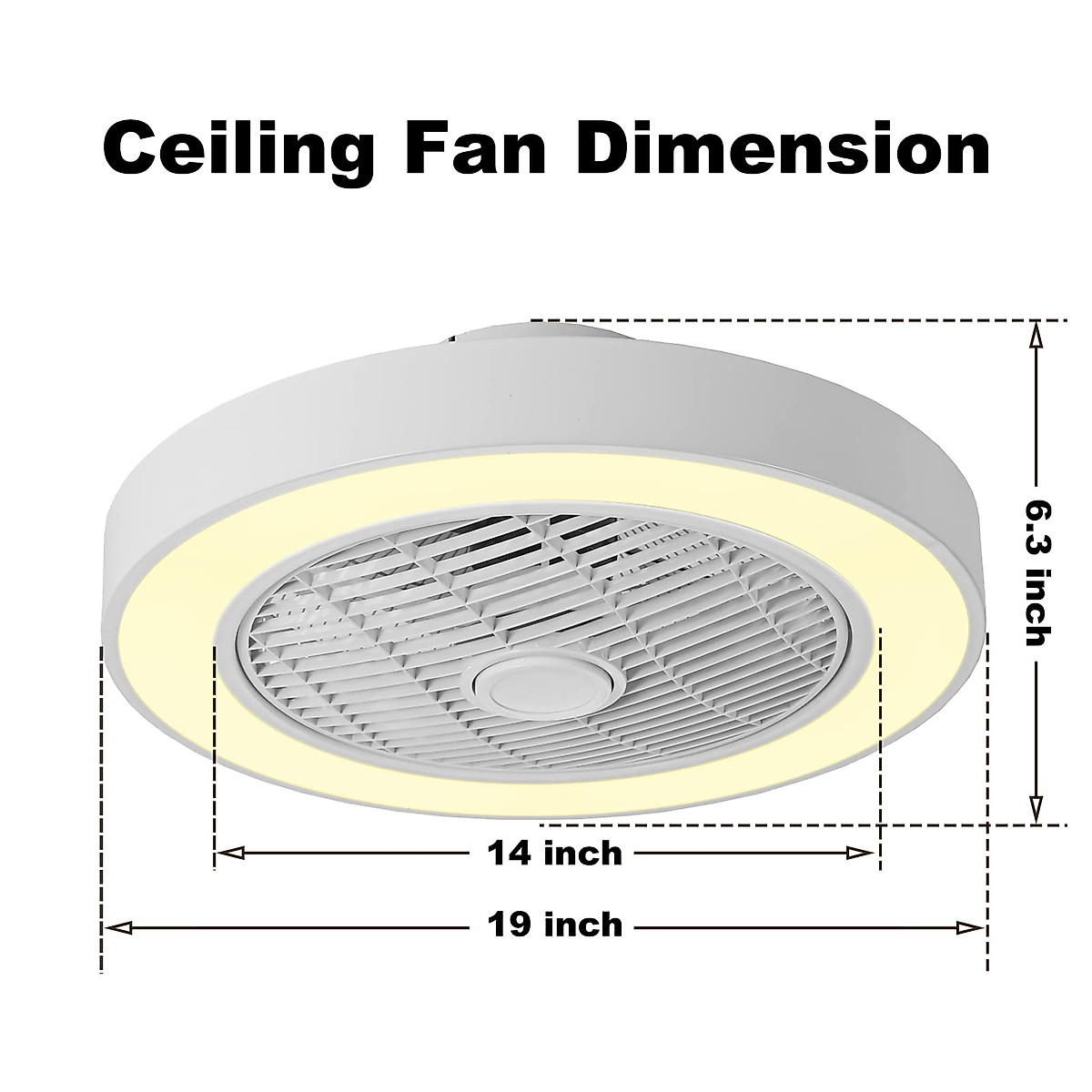 Jinweite Ceiling Fan with Light, 19 inches LED Remote Control Fully Dimmable Lighting Modes Invisible Acrylic Blades Metal Shell Semi Flush Mount Low Profile Fan,White