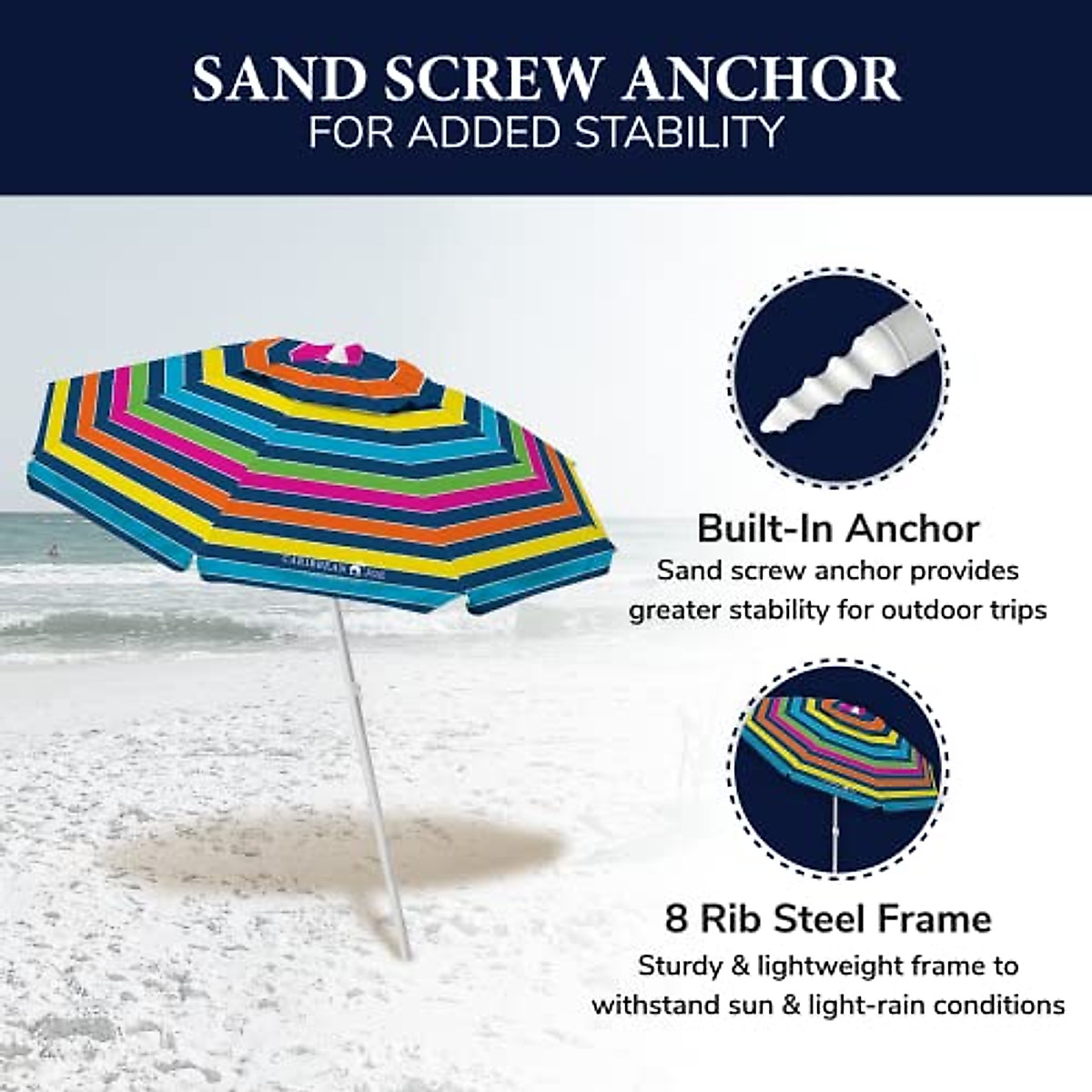 Caribbean Joe Chaby International Portable, Adjustable Tilt Beach Umbrella with UV Protection, 7 FT