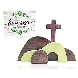 Ahzemepinyo Easter Resurrection Scene Set  He is Risen Wooden Tabletop Centerpieces Decorations The Tomb was Empty Signs for Jesus Easter Home Holiday Table Décor