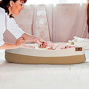 Baby Changing Basket, Moses Diaper Basket w/ foam pad, 2 waterproof covers, blanket, diaper caddy organizer, table/dresser/nursery topper, boho bassinet station woven rope tray, storage (Brown)