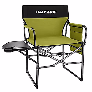 HAUSHOF Camping Chair with Side Table and Storage Pockets, Portable Folding Directors Chair, Heavy Duty Camp Chair for Adults Outdoor Fishing Beach, Green
