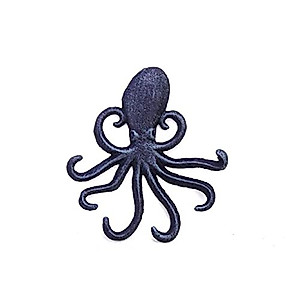 Handcrafted Nautical Decor Rustic Dark Blue Cast Iron Wall Mounted Decorative Octopus Hooks 7" - Cast Iron