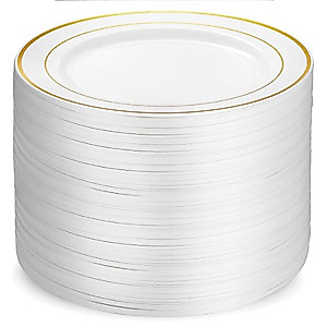 Munfix 100 Piece Plastic Party Plates White Gold Rim, Premium 10.25 Inch Dinner Elegant Fancy Heavy Duty Disposable Wedding Plates