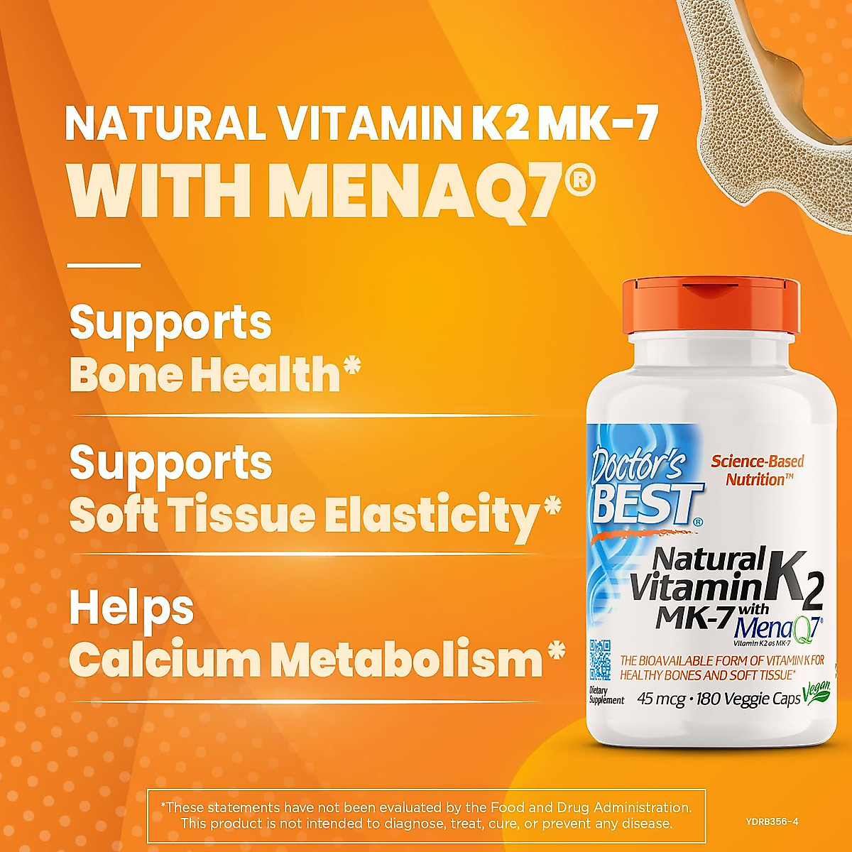 Doctor's Best Natural Vitamin K2 Mk-7 Capsule , Supports Bone Health & Soft Tissue Elasticity, 180 Ct