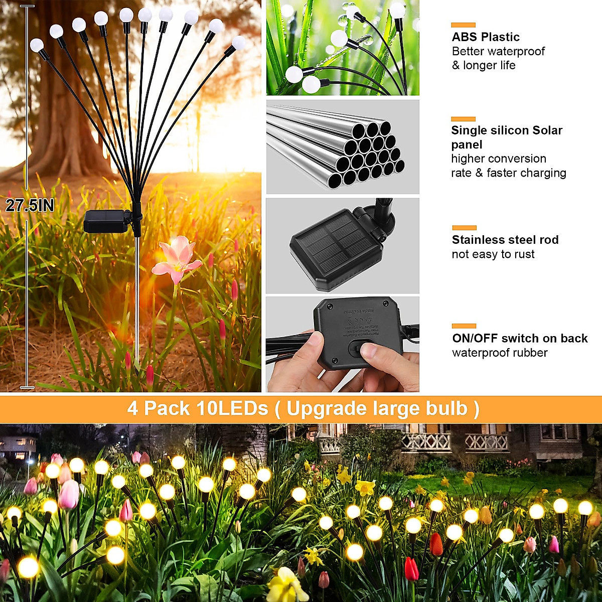 QIZIYARDALL 4 Pack Solar Garden Lights Outdoor, 40 LEDs Solar Firefly Swaying Lights Outdoor Decorations, Waterproof for Patio Pathway Outdoor Decor