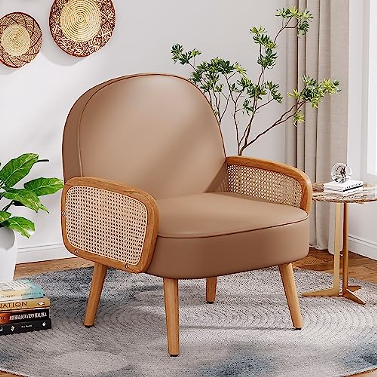 Aklaus Mid Century Modern Accent Chair Armchair with Rattan Arms Upholstered Rattan Boho Accent Chair for Living Room Bedroom Balcony Faux Leather Reading Chairs Side Club Chair Brown