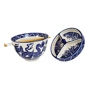 Ebros Japanese Dining Tempura Udon Noodles And Tentsuyu Dipping Sauce Large 6"D Bowl With Condiment Divider Lid And Bamboo Chopsticks And Built In Rest Set (Blue White Oriental Feng Shui Dragon King)