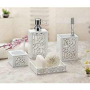 Creative Scents White Bathroom Accessories Set - Decorative 4 Piece Bathroom Set - Mirrored Bathroom Accessory Set Includes: Soap Dispenser, Toothbrush Holder, Soap Dish and Tumbler (Mirror Janette)