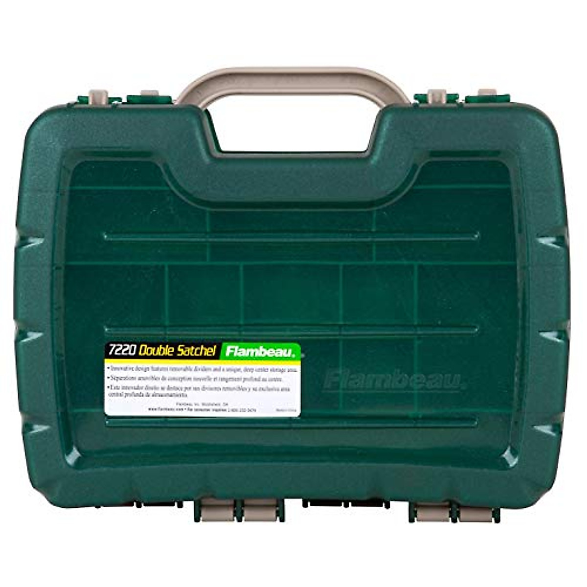 Flambeau Outdoors 7220 Small 11" Double-Sided Satchel, Portable Tackle Storage Box with Removable Dividers and Handle, Tan/Green