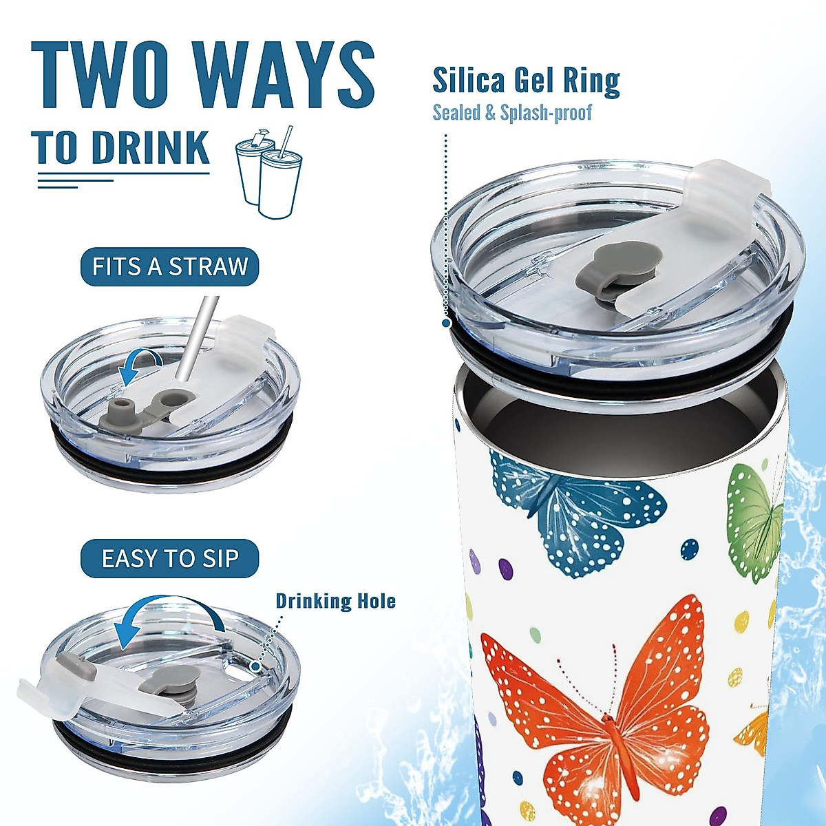 QWEUIOP 20oz Insulated Travel Coffee Mug Retro Butterfly Pattern Stainless Steel Tumbler with Lid Double Wall Vacuum Coffee Cup For Hot and Cold Drinks14029