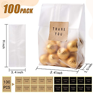 LOKQING Cellophane Treat Bags Cookie bags for Packaging Clear Gift Bags with Stickers for Cookies,Candy,Chocolates(100PACK,9x3.2inch)