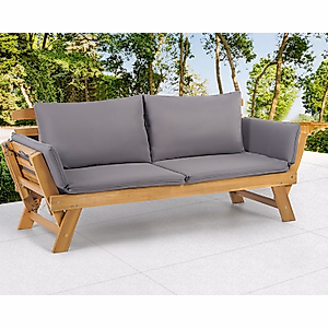 PayLessHere Outdoor Couch Patio Couch Daybed with Adjustable Armrest, Wooden Loveseat with Cushion and Pillow, and Expandable Plate