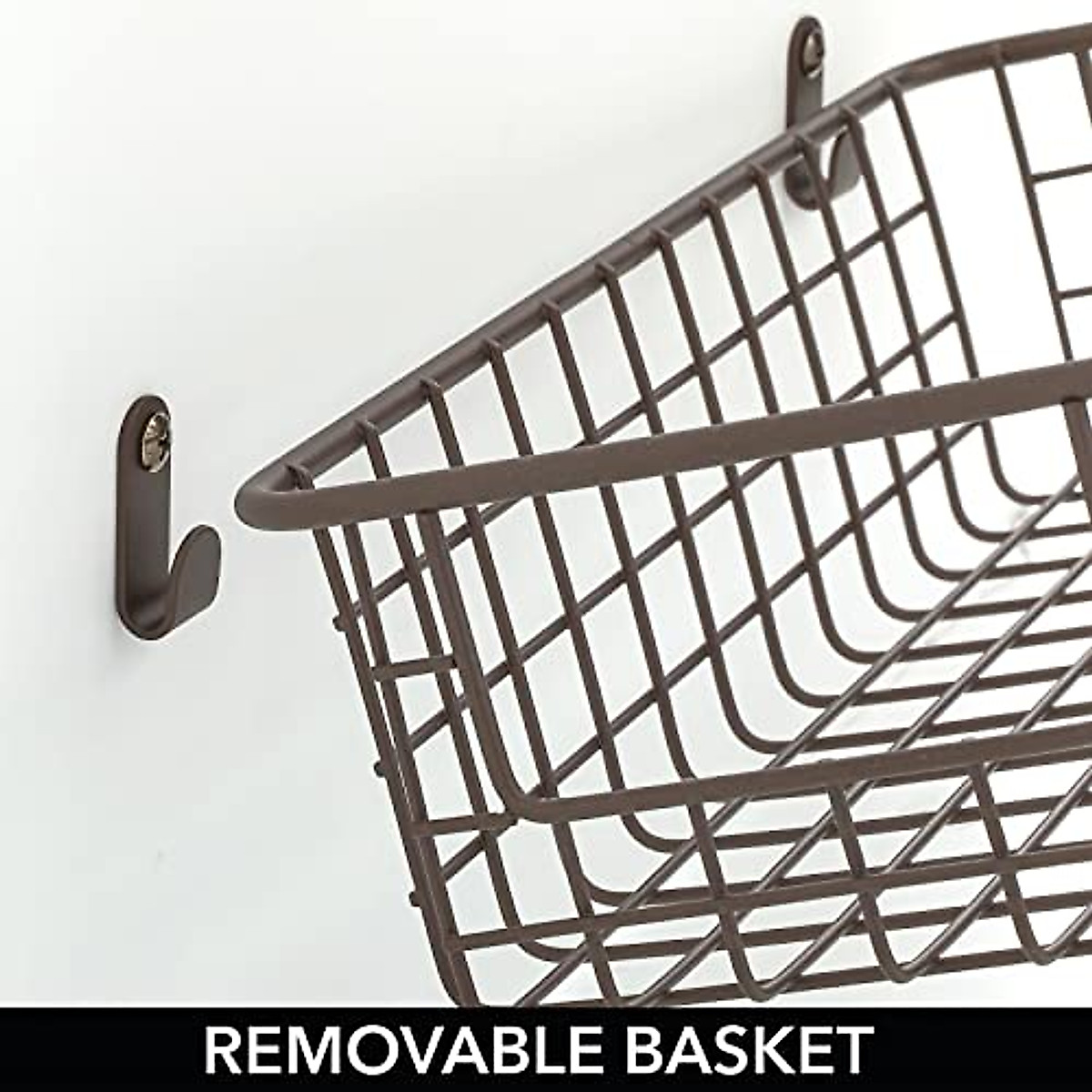 mDesign Wall Mount Metal Farmhouse Wall Decor Storage Organizer Basket Bin with Handles for Hanging in Entryway, Mudroom, Bedroom, Bathroom, Laundry Room - Wall Mount Hooks Included, 6" Wide - Bronze