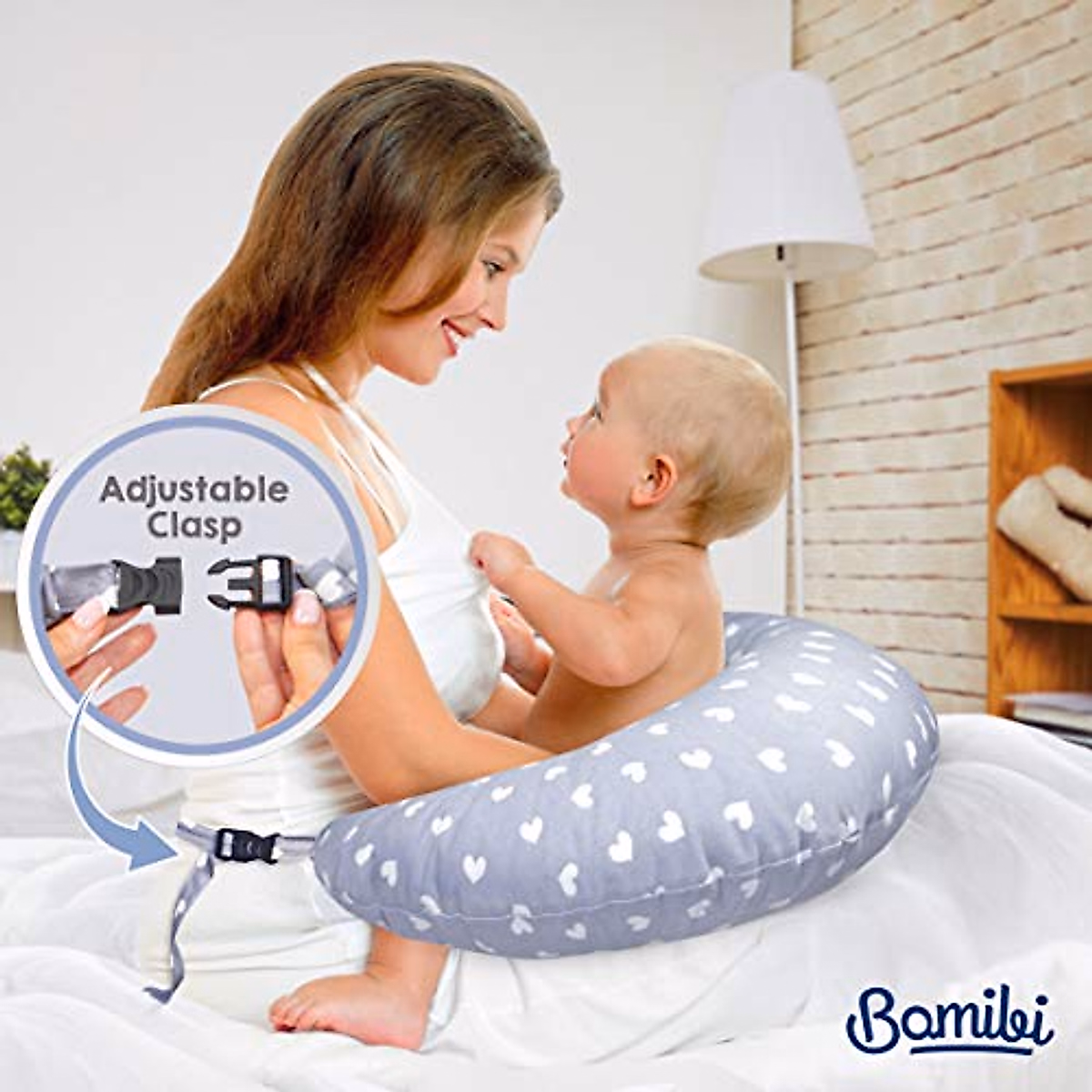 Bamibi Pillow for Breastfeeding with Adjustable Clasp, Multi-Use Breastfeeding Pillow, Cozy Breast Feeding Pillows for Babies, Cover 100% Cotton, Filling 100% Polyester (Hearts Design)