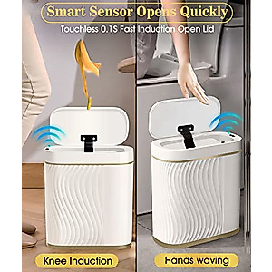 GloDeals Bathroom Trash Can with Lid Automatic Garbage Can, 2 Gallon Slim Smart Trash Can, Small Plastic Trash Bin, Touchless Motion Sensor Trash Can for Bedroom, Bathroom, Office (Cream/Gold Trim)
