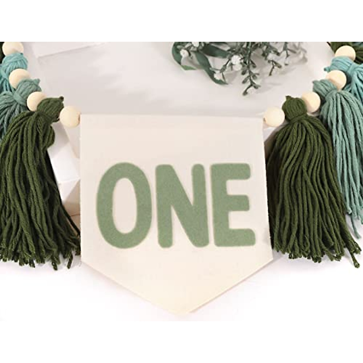 Greenery 1st Birthday High Chair Banner,Nature 1st Birthday Highchair Banner , One Birthday High Chair Banner , Tassel Bunting , Wooden Tassel Garland (Greenery 1st Birthday Banner Green)