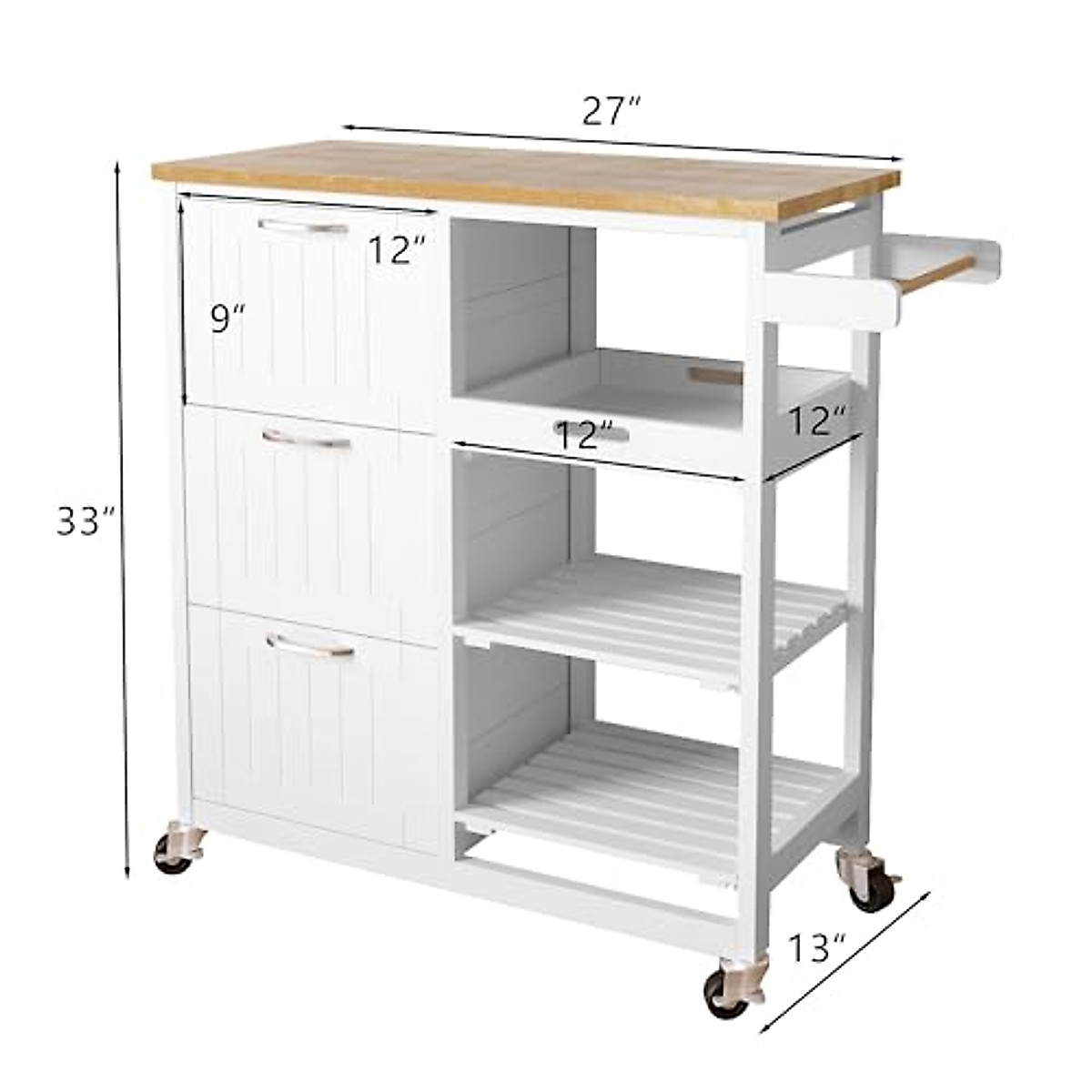 NSdirect Kitchen Island Cart,Industrial Kitchen Bar&Serving Cart Rolling on Wheels Utility Storage Trolley with 3-Tier Wine Rack Shelves&Three Storage Drawers,Soild Rubber Wood Top,White
