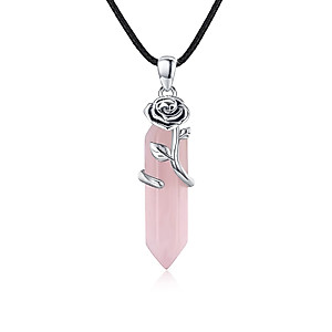OHAYOO Crystal Rose Quartz Pendant Necklace for Women 925 Sterling Silver Wrapped Healing Stone Rose Flower Hexagonal Quartz Pendant Gifts for Women