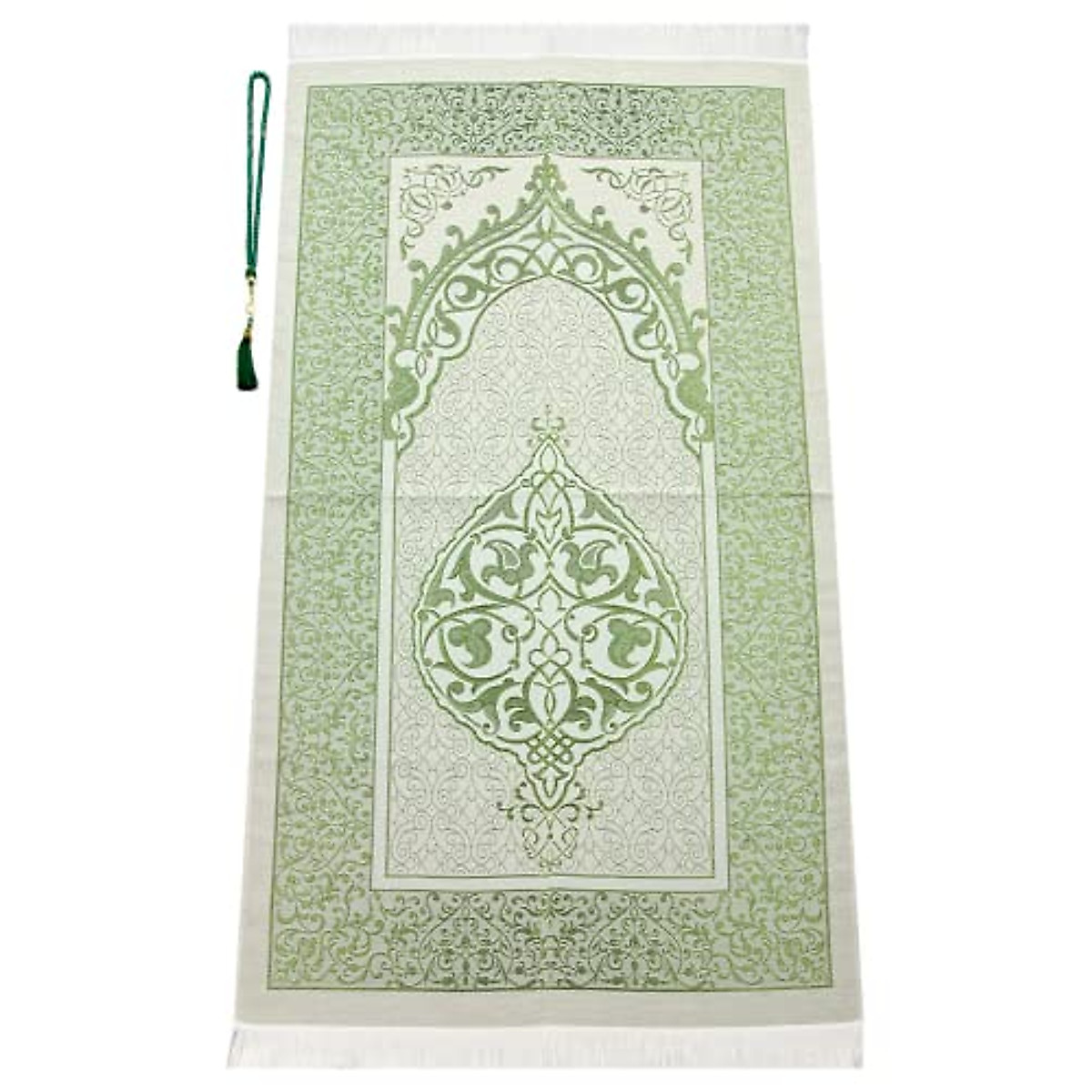 Prien Muslim Prayer Rug, Prayer Beads, Figured Cylinder Gift Box, Muslim Set Pearl Tasbih, Sajadah, Elegant Islamic Gifts, Soft Praying Mats, Light Prayer Carpet Mat, Taffeta Fabric (Green)