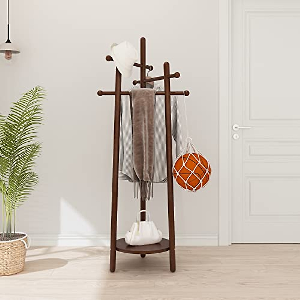 Aibiju Heavy Duty Coat Rack Freestanding,Wooden Coat Hanger Stand with Storage Shelf and 3 Crossbar, Coat Tree Easy to Assemble for Home Office Suits Jacket Hat Umbrellas Brown YD-1440