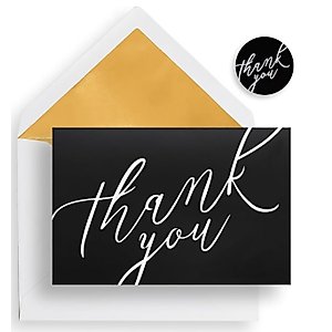 Bornpaper 120 Set White Thank You Cards With Envelopes, Gold Interior Elegance, Black & White Cards, Matching Stickers - Perfect for Wedding, Bridal Shower, Business, Baby Shower, Funeral, Graduation