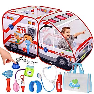 Ambulance Pop-up Play Tent for Kids with Sounds, Doctor Kit & Ball Pit for Toddlers & Up - Easy Setup Pop up Toy for Indoor & Outdoor, Emergency Vehicle Playset, Pretend Play, Great Gift