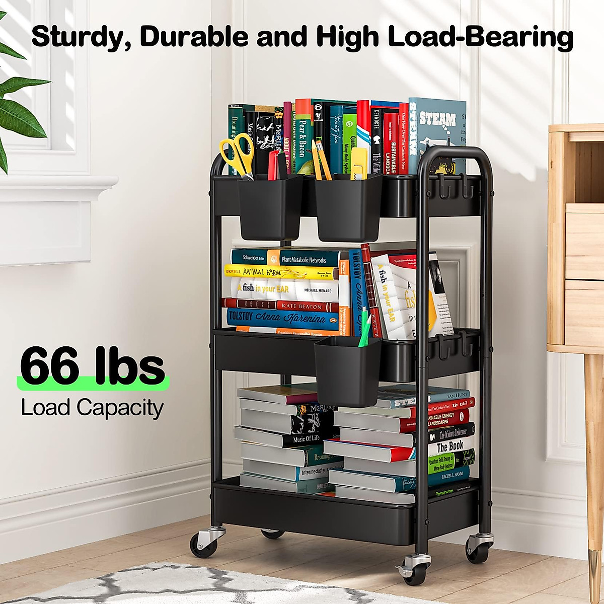 3 Tier Rolling Cart, YASONIC Metal Utility Cart, 66 Pounds Capacity, Mesh Storage Organizer Cart with Lockable Wheels & 3 Hanging Cups & 4Hooks, Easy Assembly, for Kitchen, Bathroom, Laundry, Grocery