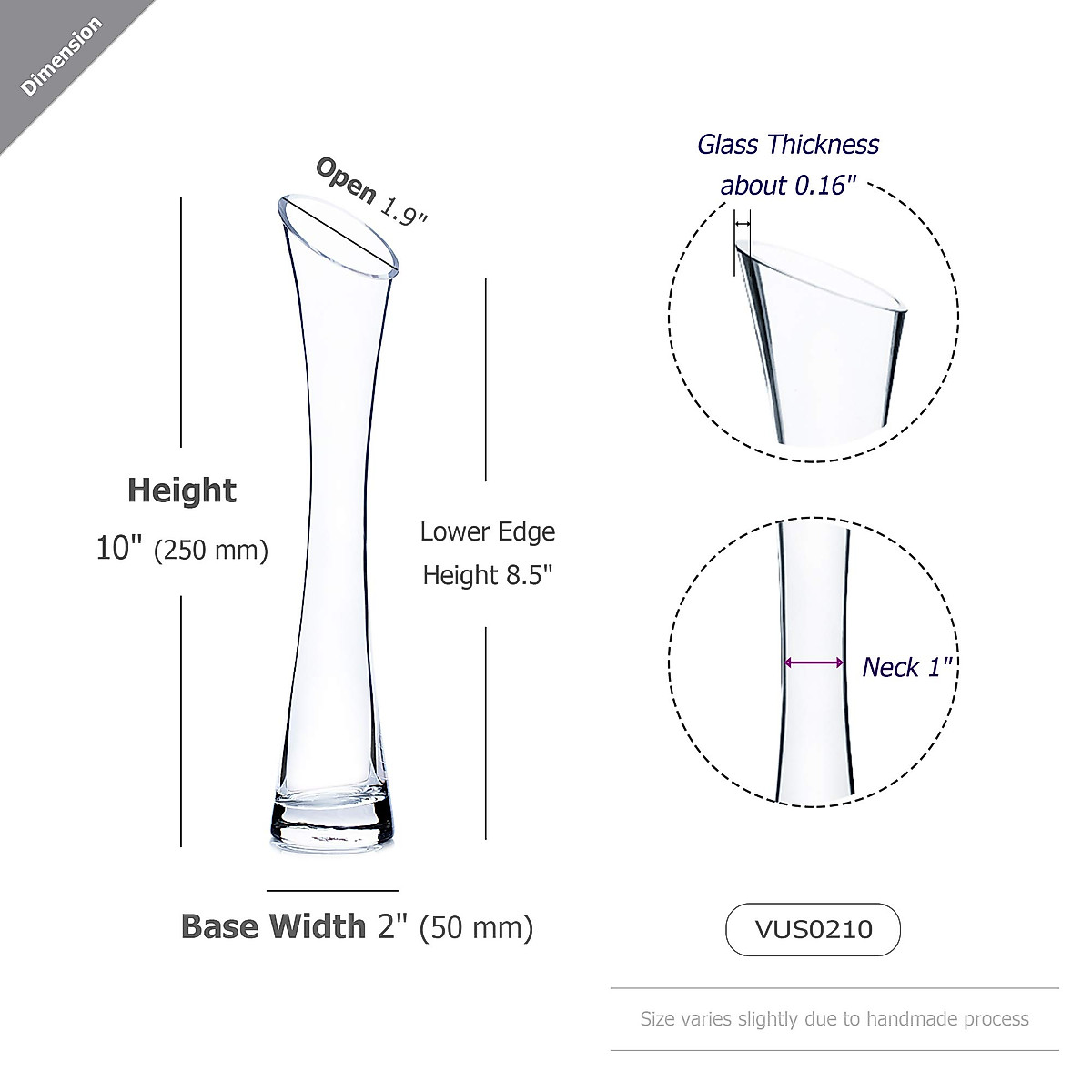 WGV Maria Bud Vase Bulk, Width 2", Height 10", Clear Slant Cut Opening Gathering Concaved Glass Floral Container Centerpiece for Wedding Party Event Home Office Decor, 6 Pieces