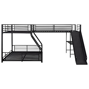 GINGVAT Twin Over Full BunkBed with LoftBed,L-Shaped Triple Bunk Bed with Slide,Built-in Desk for Kids,No Spring Box Required,Black
