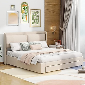 BOVZA Queen Size Lift Upholstered Platform 2 Drawers, Modern Wingback Headboard, Hydraulic Storage Bed Frame, Linen Beige