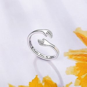 IOHUPCI Sterling Silver Hug Rings for Women, Adjustable Ring Hugging Hand Ring for Daughters Mom Sister Wife Friends Grandma Birthday Holiday Jewelry Gift