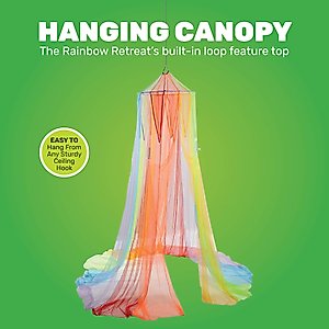 Constructive Playthings Rainbow Retreat Kids Canopy,Decorative, Fun Space Hanging Bed Canopy for Bedrooms, Optimize Classroom Space or Play Space, Mesh Netting, Built In Loop, Easy Assembly, All Ages