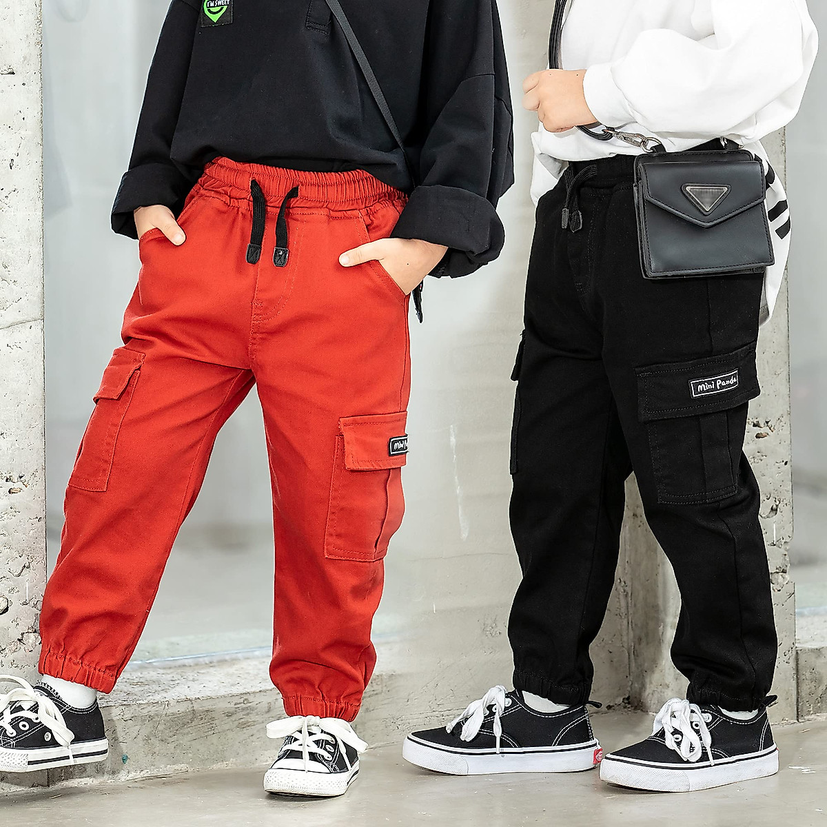 MINI PANDA Toddler Boy Pants, Little Boys 2-Pack Pull On Pants (Black+Red, 4T)