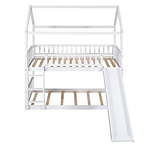 Harper & Bright Designs House Bunk Bed for Kids Toddlers, Twin Over Twin Bunk Beds with Slide, Playhouse Farmhouse Roof Guardrail Ladder, for Girls & Boys (Bunk Bed, White)
