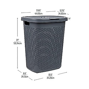 Mind Reader Basket Collection, Slim Laundry Hamper, 50 Liter (15kg/33lbs) Capacity, Cut Out Handles, Attached Hinged Lid, Ventilated, 17.65"L x 13.75"W x 21"H, Gray
