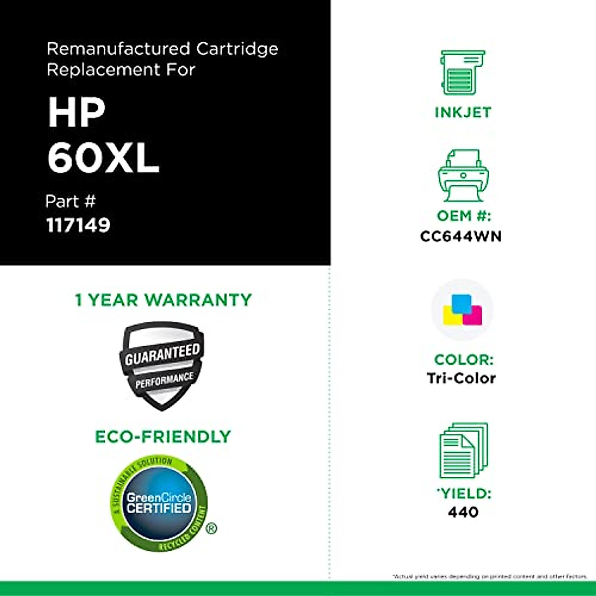 Clover Remanufactured Cartridge Replacement for HP CC644WN (HP 60XL) | Tri-Color | High Yield