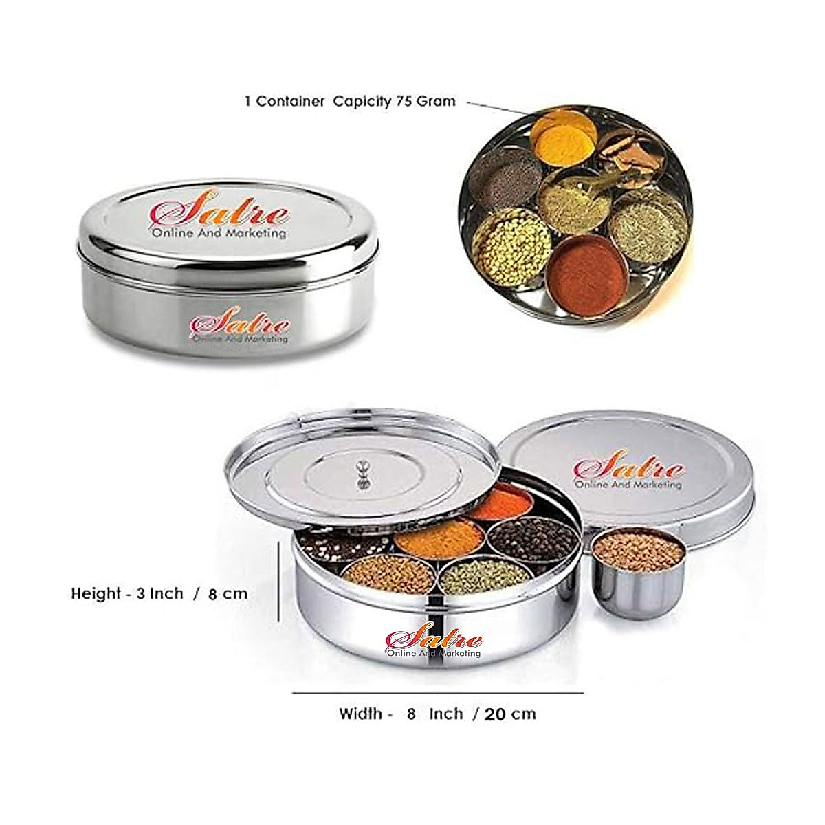 Satre Online and Marketing Stainless Steel Masala Box,Stainless Steel Spice Box,Spice Box with 7 Spice Containers, 2 Spoon With Lid,Spice box,Masala Box,Masala Dabba
