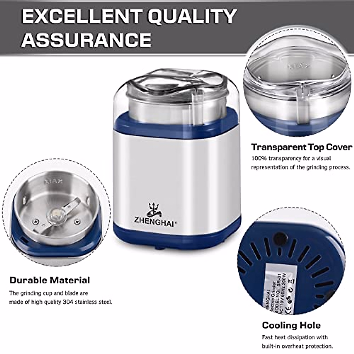 ZHENGHAI Electric Herb Grinder 200w Spice Grinder Compact Size, Easy On/Off, Fast Grinding for Flower Buds Dry Spices Herbs, with Pollen Catcher and Cleaning Brush (Blue)