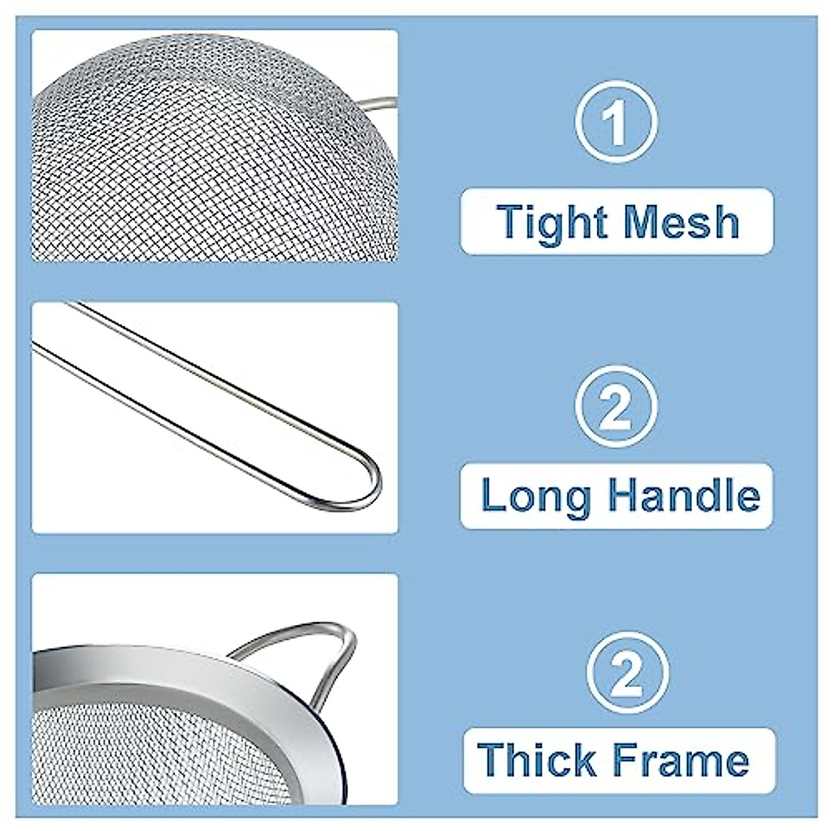 WLLHYF Fine Mesh Strainers Stainless Steel Long-Handled Tea Cup Bar Cocktail Coffee Juice Filter Sifter for Kitchen Food Powder Rice Flour Baked Pasta Small Leak Sieves 3 Inch Silver